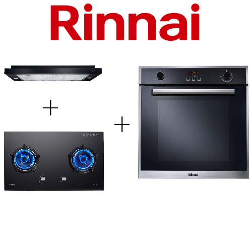 RINNAI RH-S329-PBR 90CM BLACK SLIMLINE HOOD + RINNAI RB-72G 2 BURNER GLASS GAS HOB + RINNAI RO ...