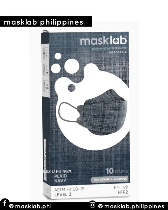 masklab : PLAID NAVY ADULT KOREAN-STYLE RESPIRATOR 2.0 (BOX OF 10, INDIVIDUALLY-WRAPPED) | Lazada PH