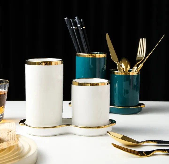 Modern Cooking Gold Lined Kitchen Ceramic Utensil Holder Storage Rack ...