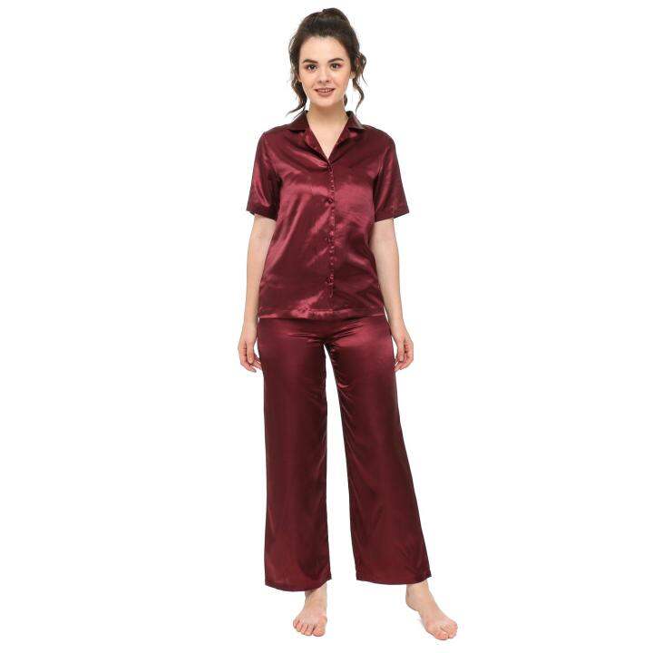 SM Woman Sleepwear Ladies’ Monotone Satin Pajama Set in Maroon | Lazada PH