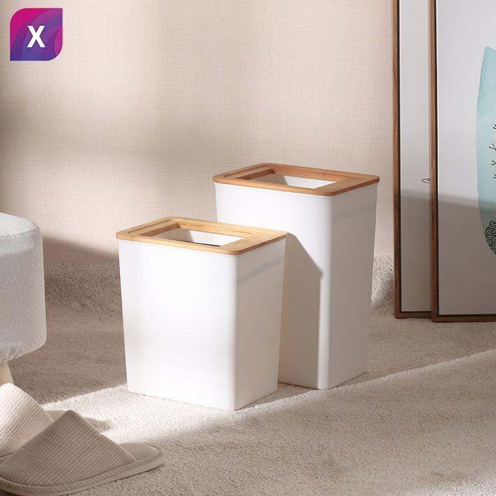 Nordic White Trash Bin with Wooden Cover Trash Can Household Recycling ...