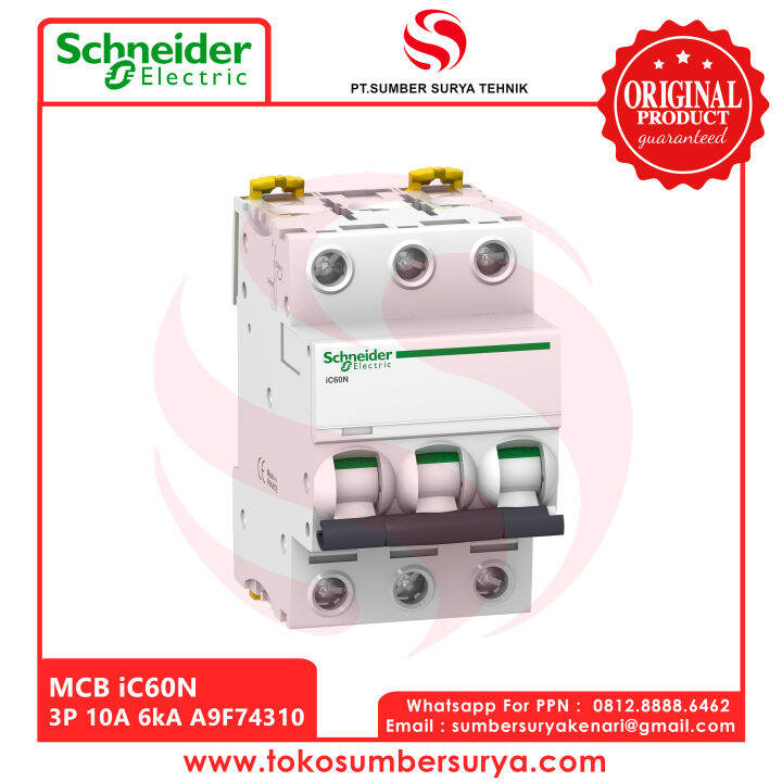 MCB Mini Circuit Breaker iC60N 3P 10A 6kA Saklar Listrik ON OFF A9F74310 SNI Asli Ori Schneider ...