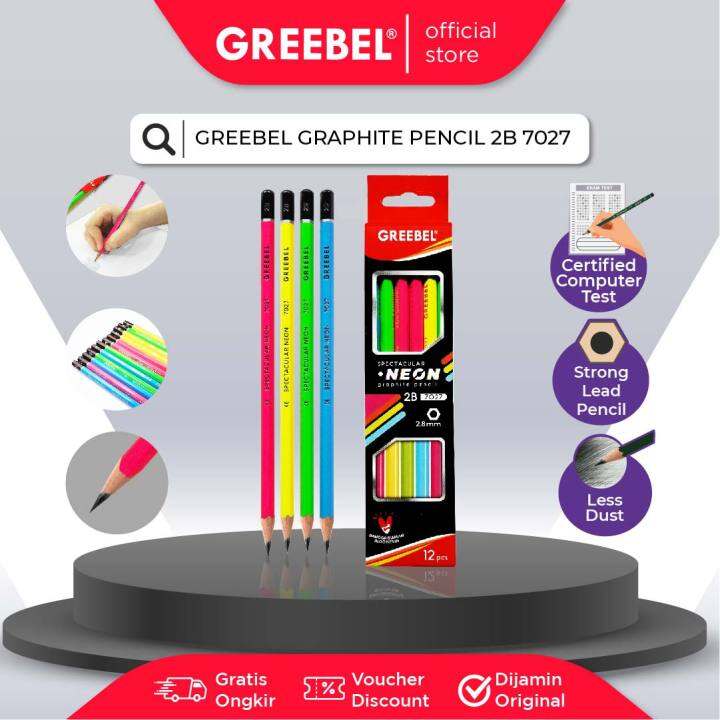 GREEBEL Pensil Graphite 2B 7027 NEON tdk beracun utk ujian sekolah ...