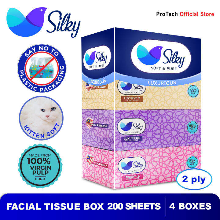 SILKY Facial Tissue Paper in a Box, 2Ply 200Sheets x 4 Boxes (800sheets ...