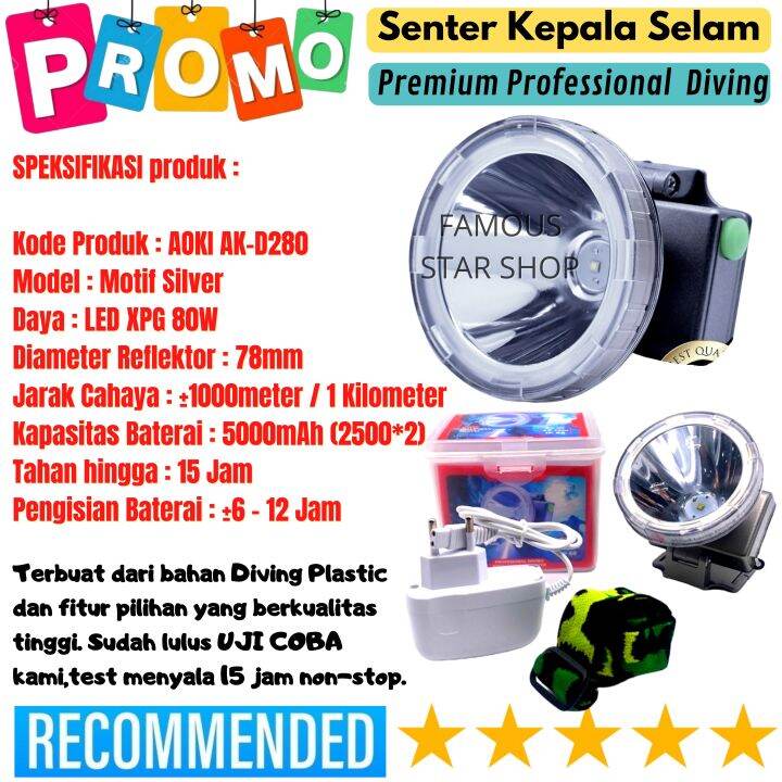Senter Kepala Selam Premium Professional Diving AOKI AK-D280 IP68 80w ...
