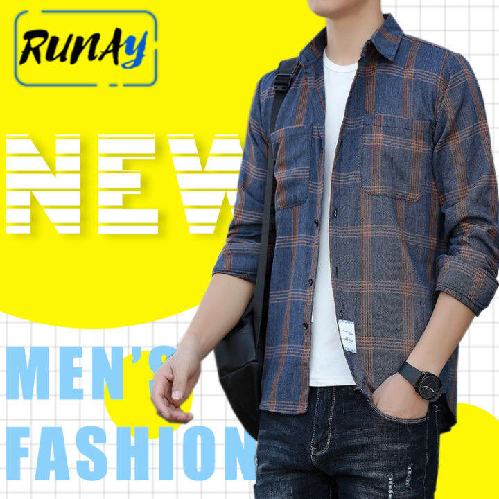 RUNAY ฤดูใบไม้ร่วงเสื้อสไตล์ใหม่ผู้ชายหลวมแขนยาวลายสก๊อตเสื้อผู้ชาย ...