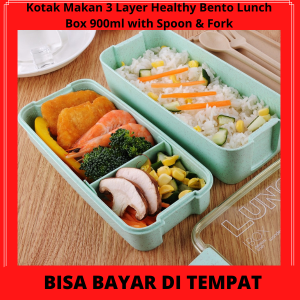Kotak Makan 3 Layer Healthy Bento Lunch Box 900ml with Spoon & Fork ...