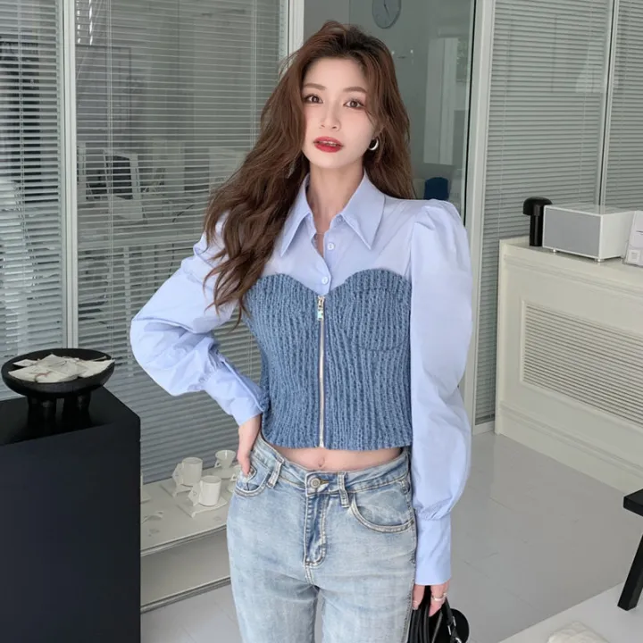 Coconie เสื้อเบลาส์เอวประกบลายทางสำหรับผู้หญิงเสื้อยีนส์สีคอนทราสต์ ...