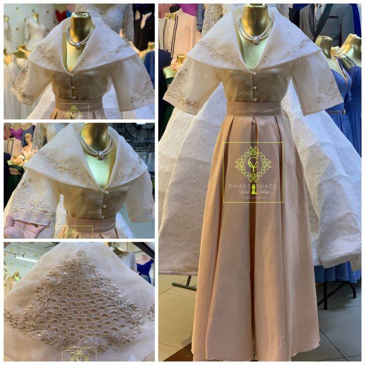 Modern Filipiniana Maria Clara Top with Beige Skirt Elegant Satin ...