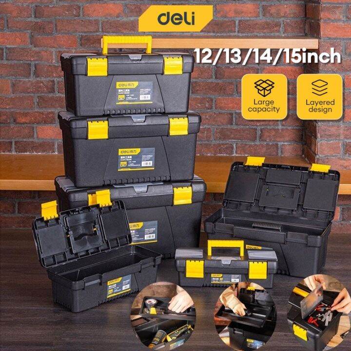 ♨ Deli (12/13/14/15 Inch) Tool Box Heavy Duty Double Layer Plastic Tool ...