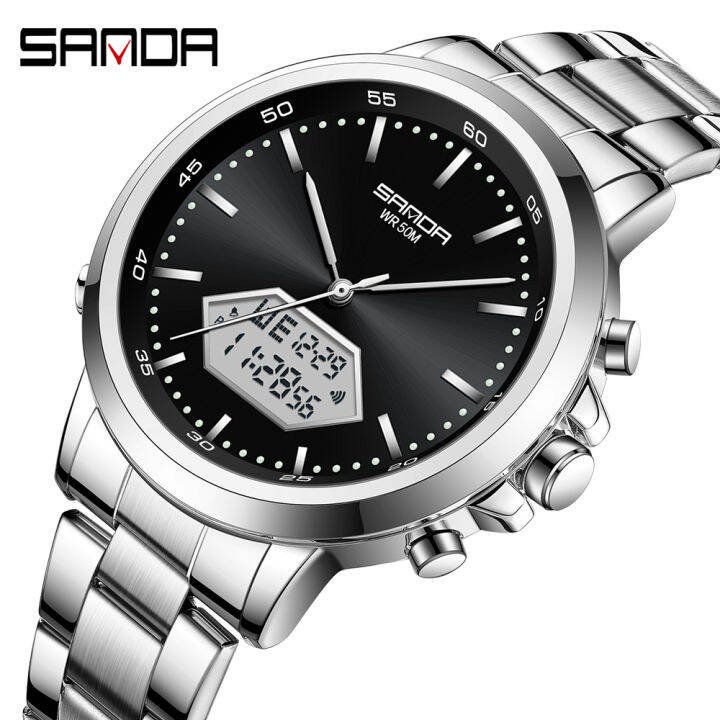 SANDA mode untuk pria merek mewah jam elektronik kuarsa jam tangan olahraga militer tampilan ...