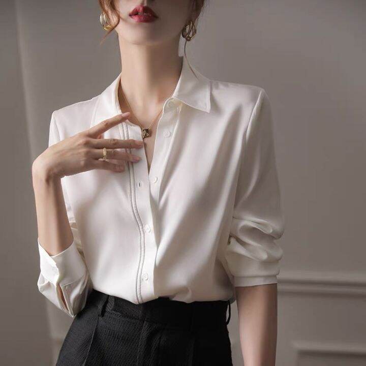 White Silk Shirt Women OL Wear Commute Long Sleeve Blouse Top | Lazada PH