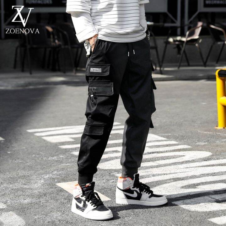 Hiqor Brand Ribbons Multi Pockets Cargo Pants Men Harajuku Casual Track