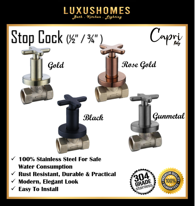 Stopcock Stainless Steel SUS 304 Capri 1/2" 3/4" Gold/ Rose Gold/ Black ...