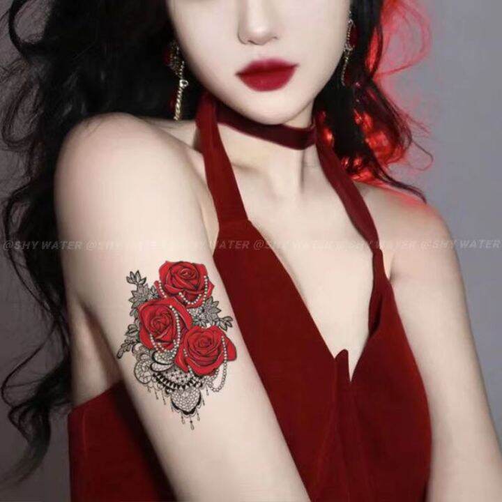 Temporary tattoo sticker waterproof lasting female arm thigh ruby rose | Lazada PH