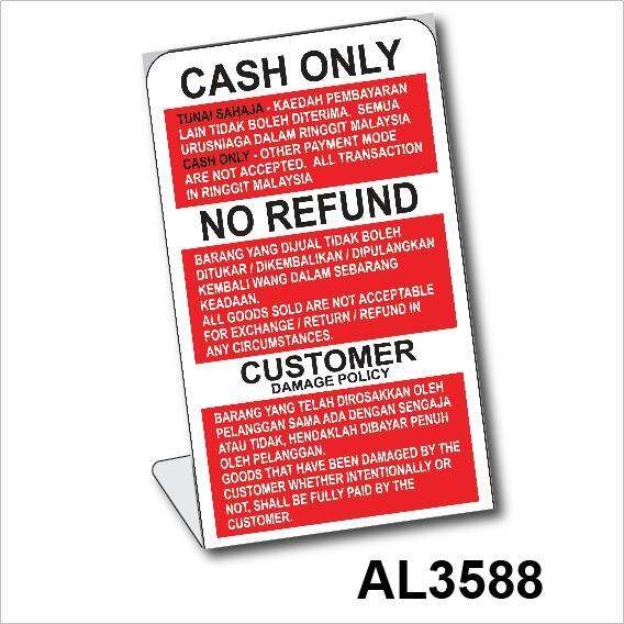 CASH ONLY, NO REFUND, CUSTOMER DAMAGE POLICY ACRYLIC TABLE TOP SIGNS ...