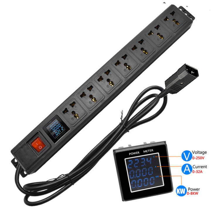 Power Strip 19inch PDU Distribution Unit with Digital Power meter Wattmeter Universal Socket ...