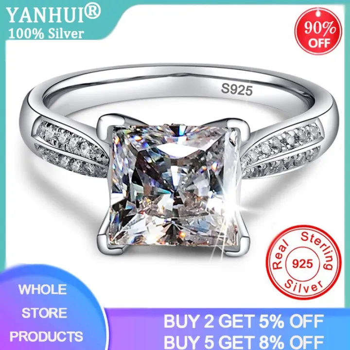 Yanhui หรูหราหญิงคริสตัลเจ้าหญิงตัดแหวนแต่งงานสำหรับผู้หญิงแข็ง925เงิน ...