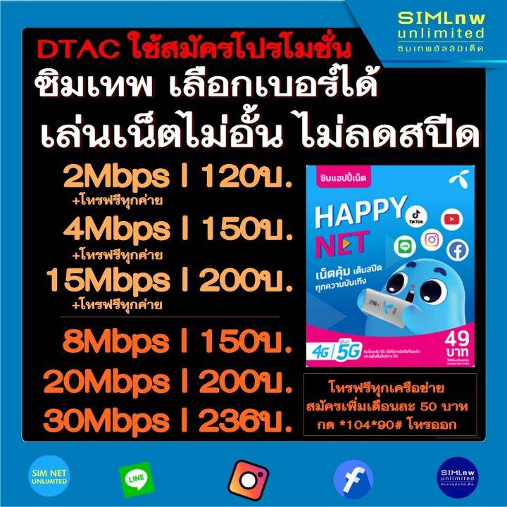 ซิม dtac เลือกเบอร์ใช้สมัครโปรซิมเทพ เล่นเน็ตไม่อั้น ความเร็ว 2Mbps , 4Mbps , 8Mbps , 15Mbps ...