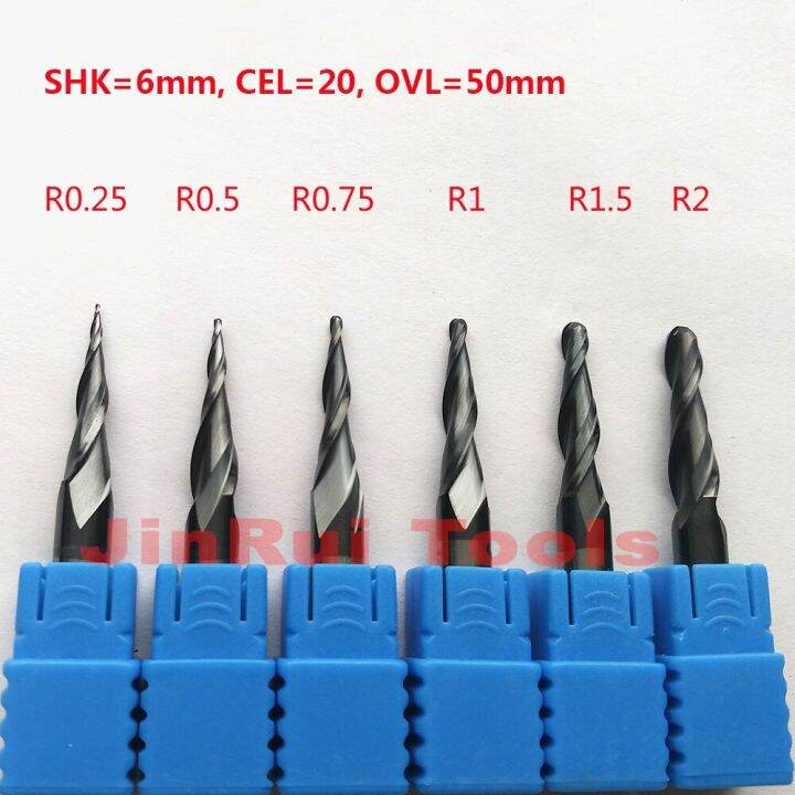 Jerray 1pc R0.25/r0.5/r0.75/r1/r1.5/r2 6mm Shank 50mm Hrc55 Solid Carbide Tapere Ball Nose End ...