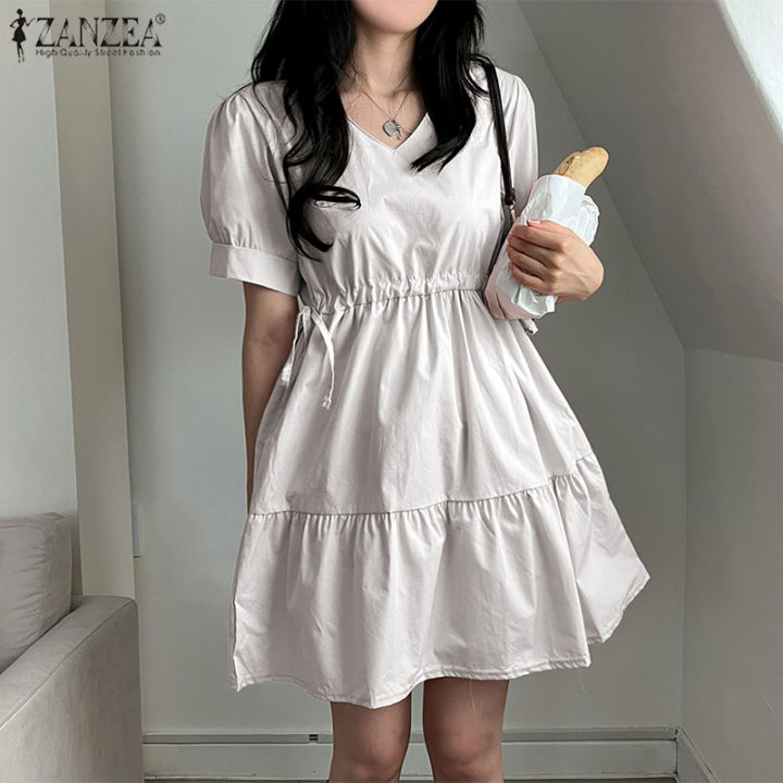 Zanzea Korean Style Women Summer Puff Sleeve V Neck Layered A Line Mini