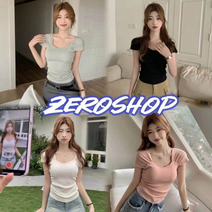 Zero shop🐰พร้อมส่ง🐰 (Zero-31019) เสื้อไหมพรมแขนสั้น สีพื้นใส่สบายืดตามตัว -C | Lazada.co.th
