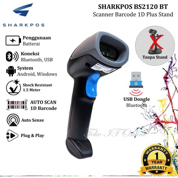 SHARKPOS BS-2120 SCANNER BARCODE 1D BLUETOOTH USB TANPA STAND ...