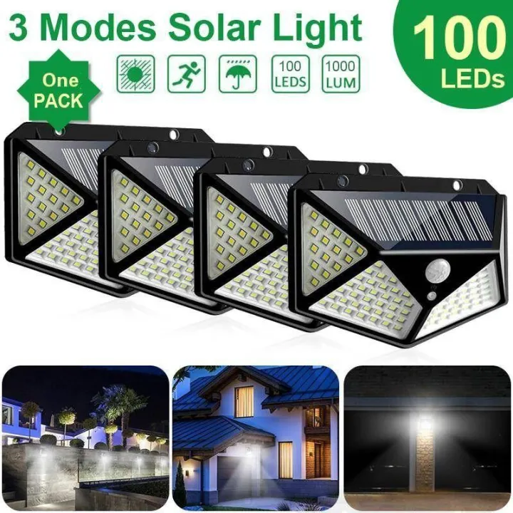 100 LED 4 Sided 3 Modes Solar Light PIR Motion Sensor Light Control LED Lighting Outdoor ...