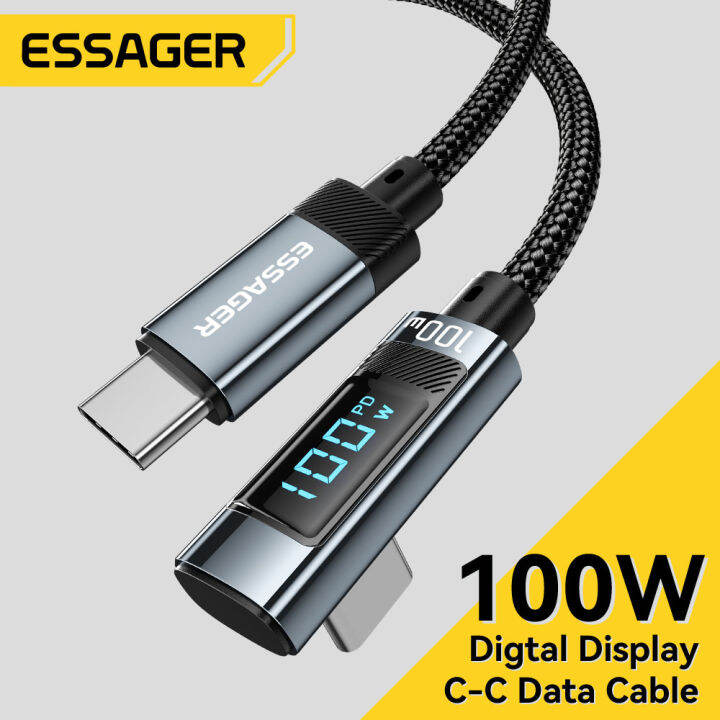 Essager PD 100W Type C To Type C To Type C สายเคเบิลแบบข้อศอกจอแสดงผลดิจิตอล USB2.0สายข้อมูล ...