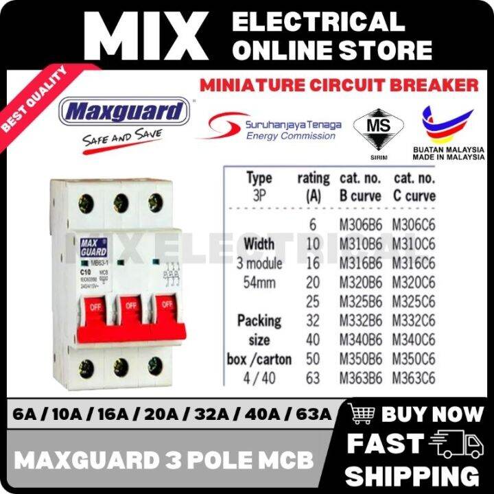 Maxguard GENUINE 3 Pole 6kA Miniature Circuit Breakers (MCB) MCB 6A 10A 16A 20A 32A 40A 63A | Lazada