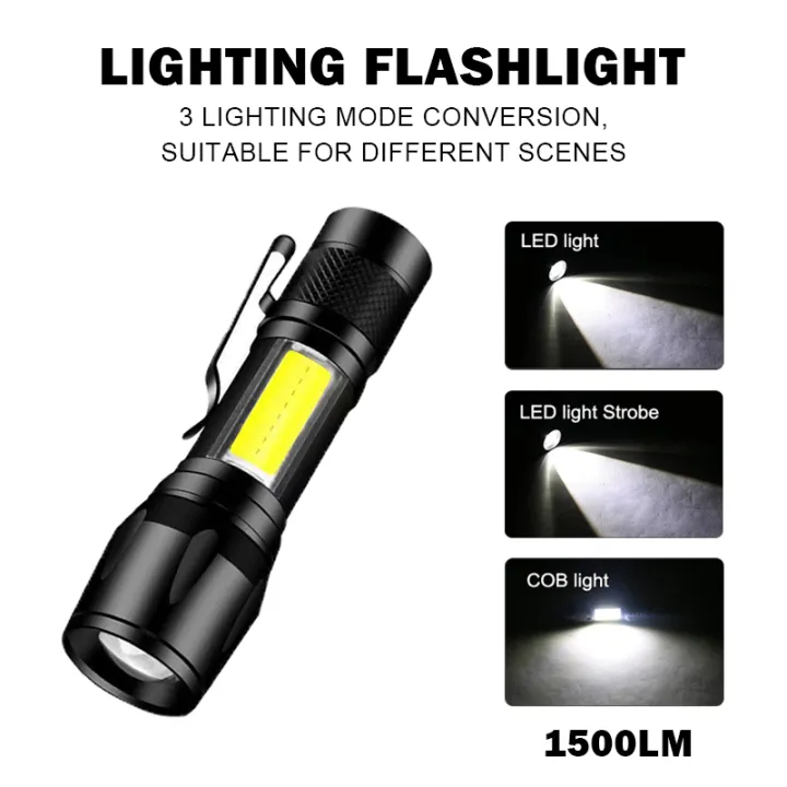 USB Portable Rechargeable LED Flashlight COB+XPE Built-in Battery 3 ...