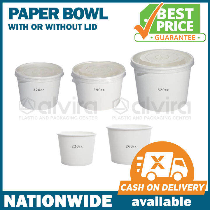 100pcs Paper Bowls and Lids 220cc 260cc 320cc 390cc 520cc, 750cc ...