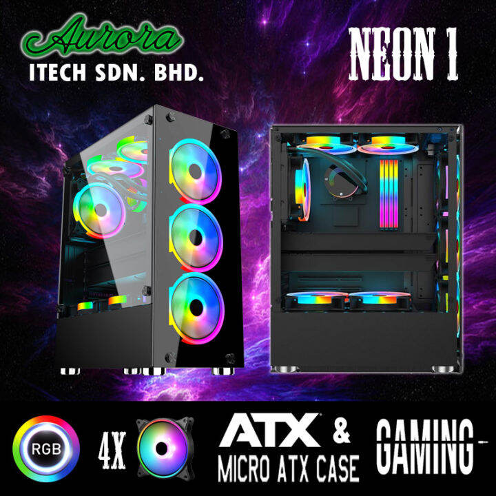 ( GAMING DIY CASING ) ATX GAMING CASING PC NEON 1 WITH RGB / ARGB FAN ...