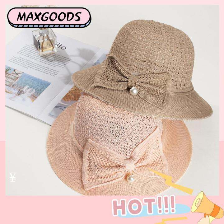 MAXG Big Brim Big Brim Knit Sun Hats Pearl Sunscreen Cap Foldable Straw Hats Women | Lazada PH