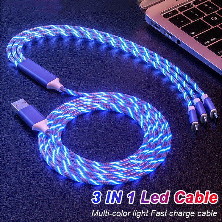 3-in-1 5A quick charging cable 3 function plug with Led light Flowing ...