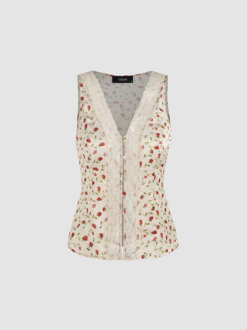 Cider Floral V Neck Lace Button Vest Th