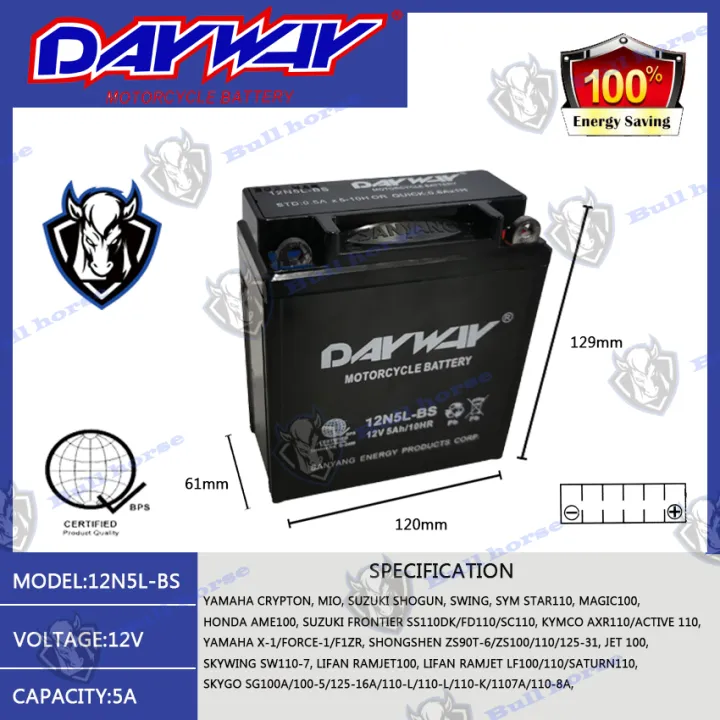 (Bull horse)MOTORCYCLE DAYWAY BATTERY 12N5L | Lazada PH
