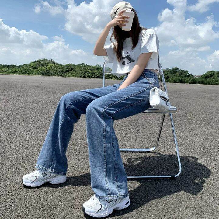 vivi.an กางเกงยีนส์ขายาวเอวสูง ทรงหลวม กางเกงยีนส์ขากระบอก เนื้อผ้าดี ...