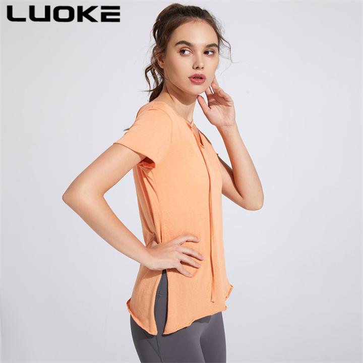 Luoke ใหม่โยคะผู้หญิงแขนสั้นกีฬาเสื้อยืดวิ่งออกกำลังกายเสื้อระบายอากาศ ...