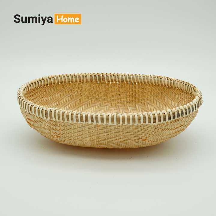 Rổ tre viền mây đan kín cao cấp hình bầu dục, nguyên liệu tự nhiên thân ...