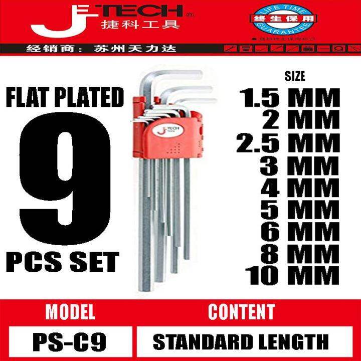 JeTech PS-C9 Hex Key / Allen Wrench Set Flat Plated 9 Pc Set Metric ...