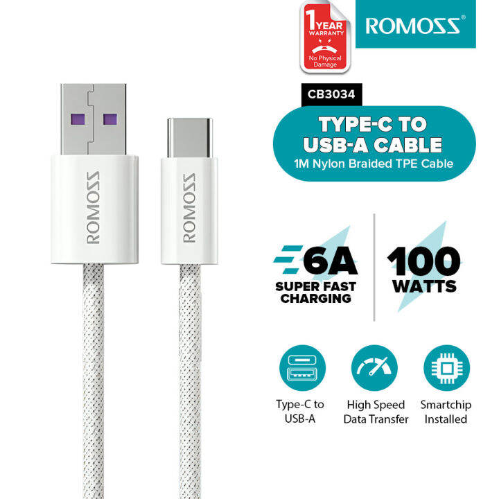 Romoss CB3034 480 Mbs Data Cable 1M USB to Type-C 6A 100W Ultra Fast ...