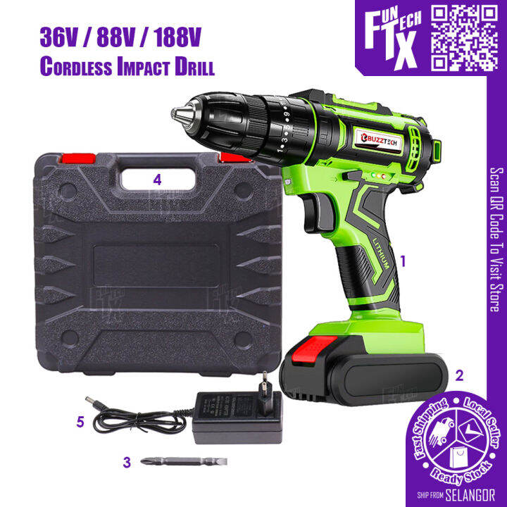 Buzztech 36v 88v 188v Cordless Impact Drill Screwdriver Rechargeable Li