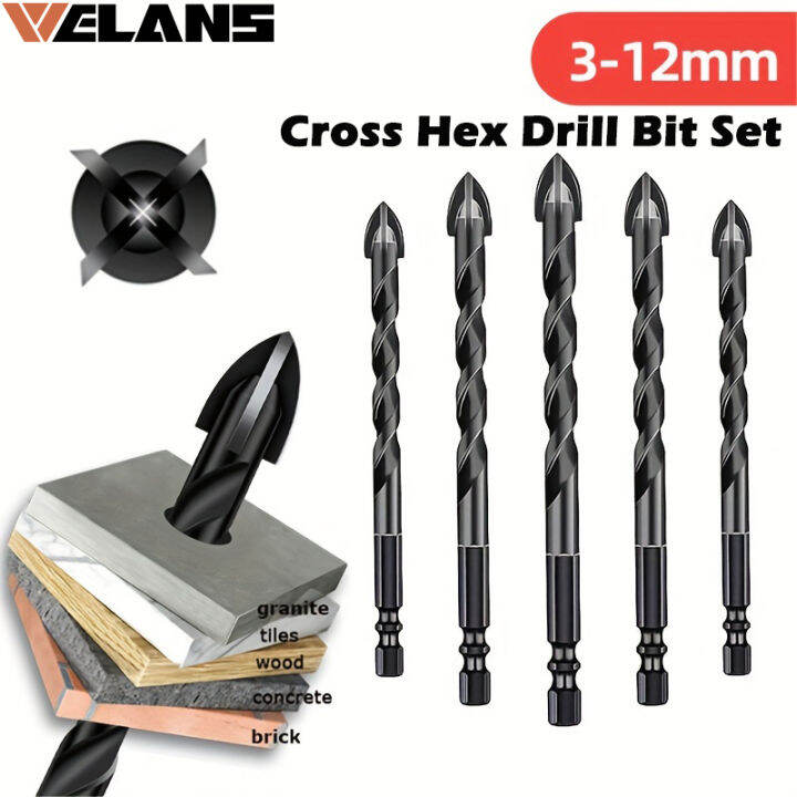 7pcs Glass Concrete Drill Bit Set 3-12mm Spiral Groove Cross Hex Drill ...