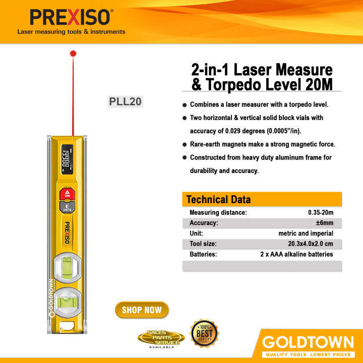 PREXISO - 2-in-1 Laser Measure & Torpedo Level 20M PLL20 Original Measuring Tools & Instruments ...