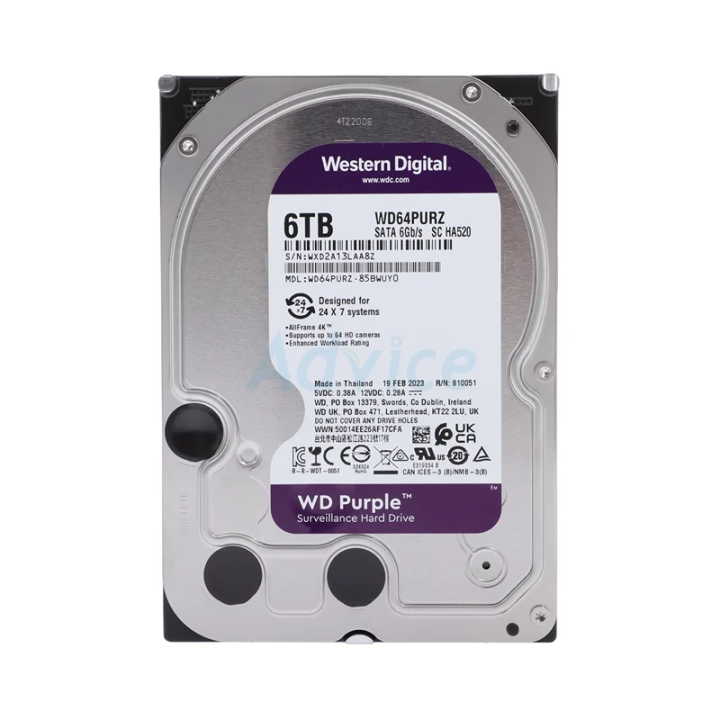6 TB HDD CCTV WD PURPLE (5400RPM, 256MB, SATA-3, WD64PURZ) | Lazada.co.th