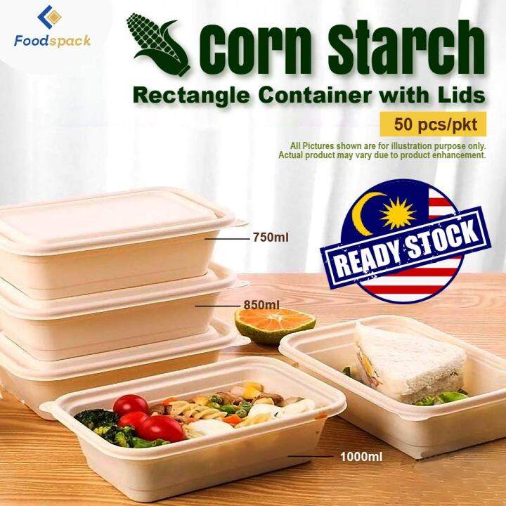 (50pcs/pkt) READY STOCK 🌽Corn Starch Rectangle Container with Lids ...