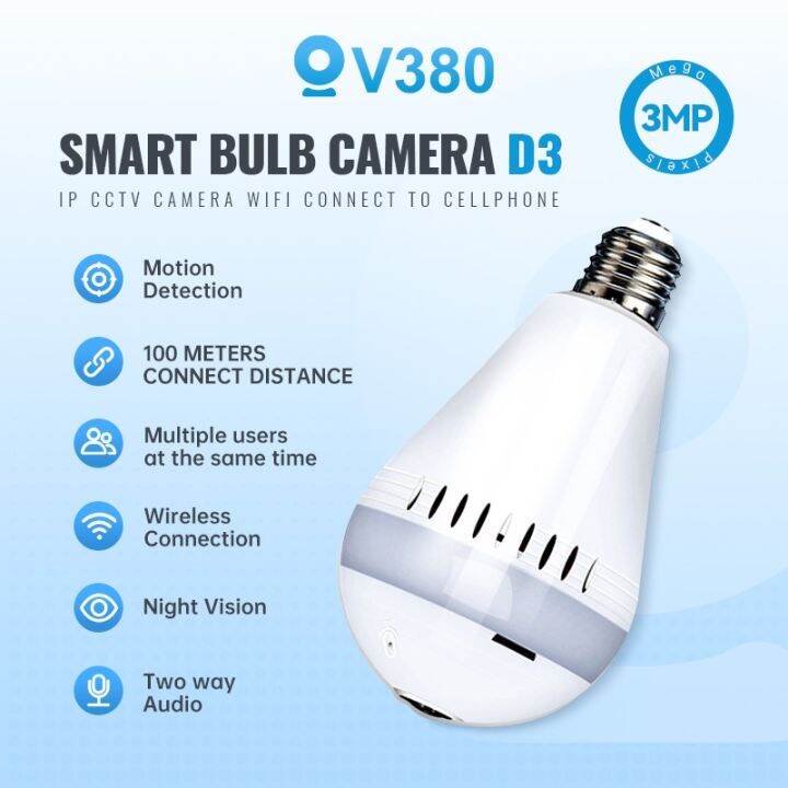 V380 D3 CCTV Camera Wifi Bulb Camera 3MP 360 Degree 3D Panorama ...