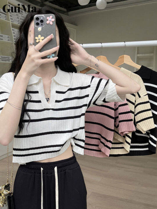 Gui Ma เสื้อสเวตเตอร์ลายทางคอแฟชั่นของผู้หญิงแขนสั้นใหม่2023 | Lazada.co.th