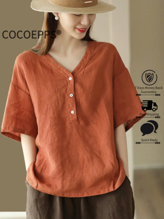 COCOEPPS เสื้อคอวีแขนสั้นผ้าฝ้ายและผ้าลินิน2023ฤดูร้อนใหม่ชุดเข้ารูปสบายๆของผู้หญิงเสื้อยืดเข้า ...